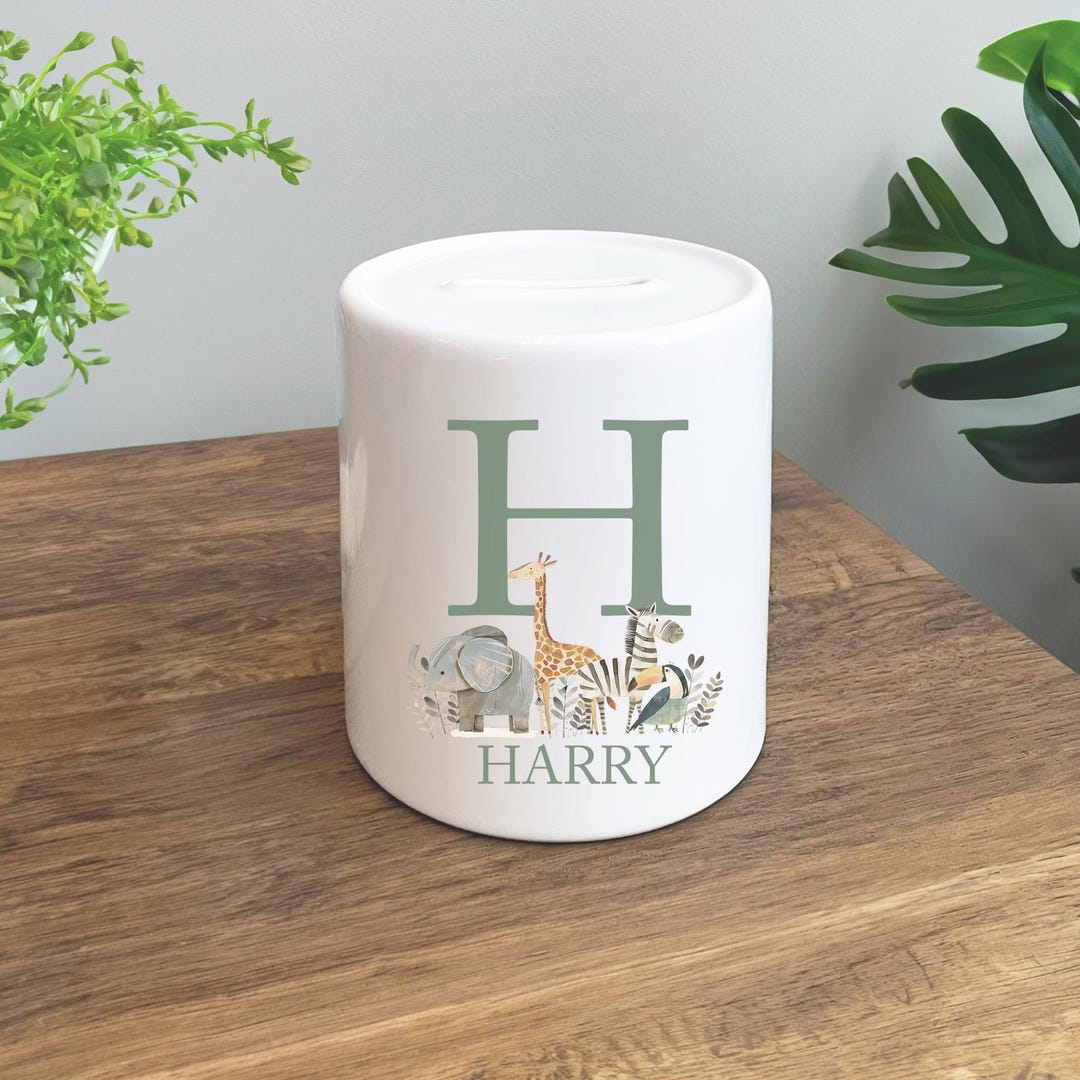 Personalised Kids Safari Animal Ceramic Money Box Initial Letter ...