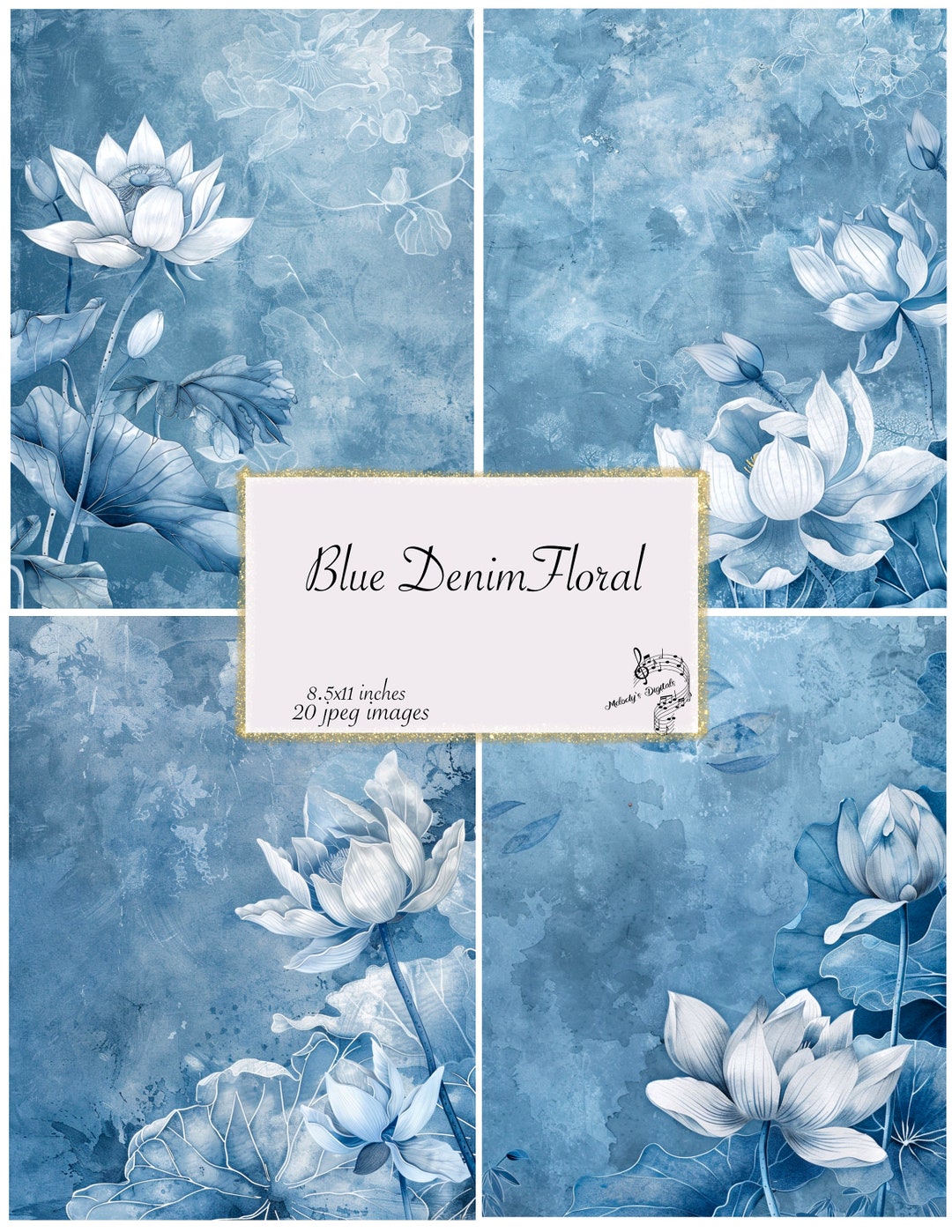 Blue Denim White Floral Journal Paper Art Deco Design Cottage Core Boho ...