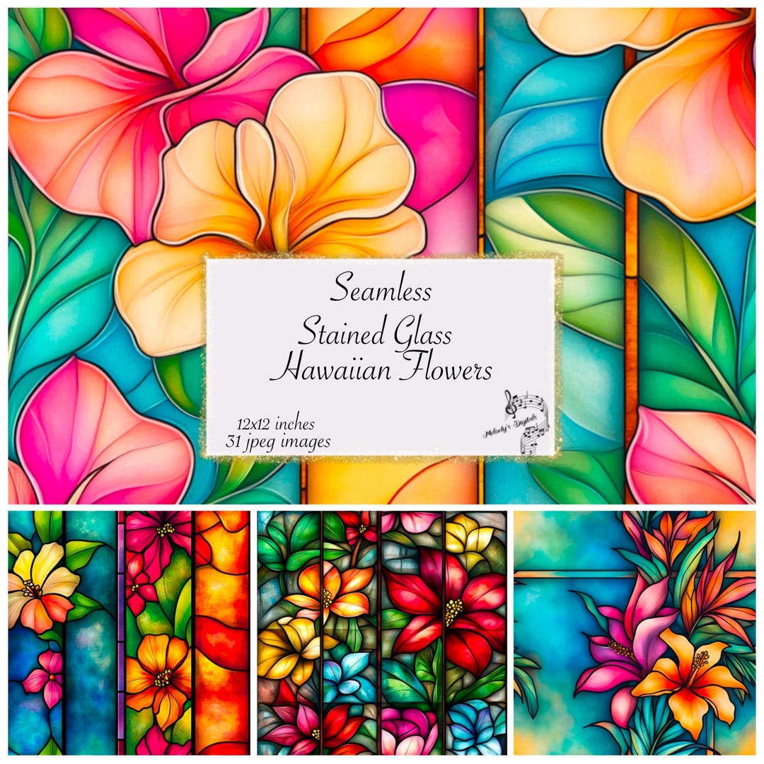Stained Glass Seamless Hawaiian Floral Digital Paper, Stained Glass ...