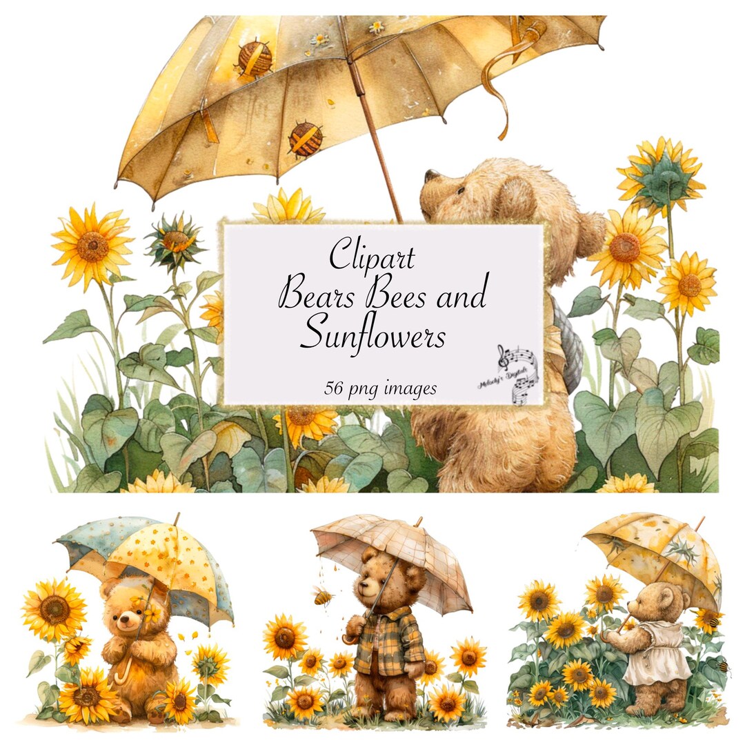 Cute Bee Theme Clipart, Watercolor Honey Bee and Sunflowers Clip Arts ...
