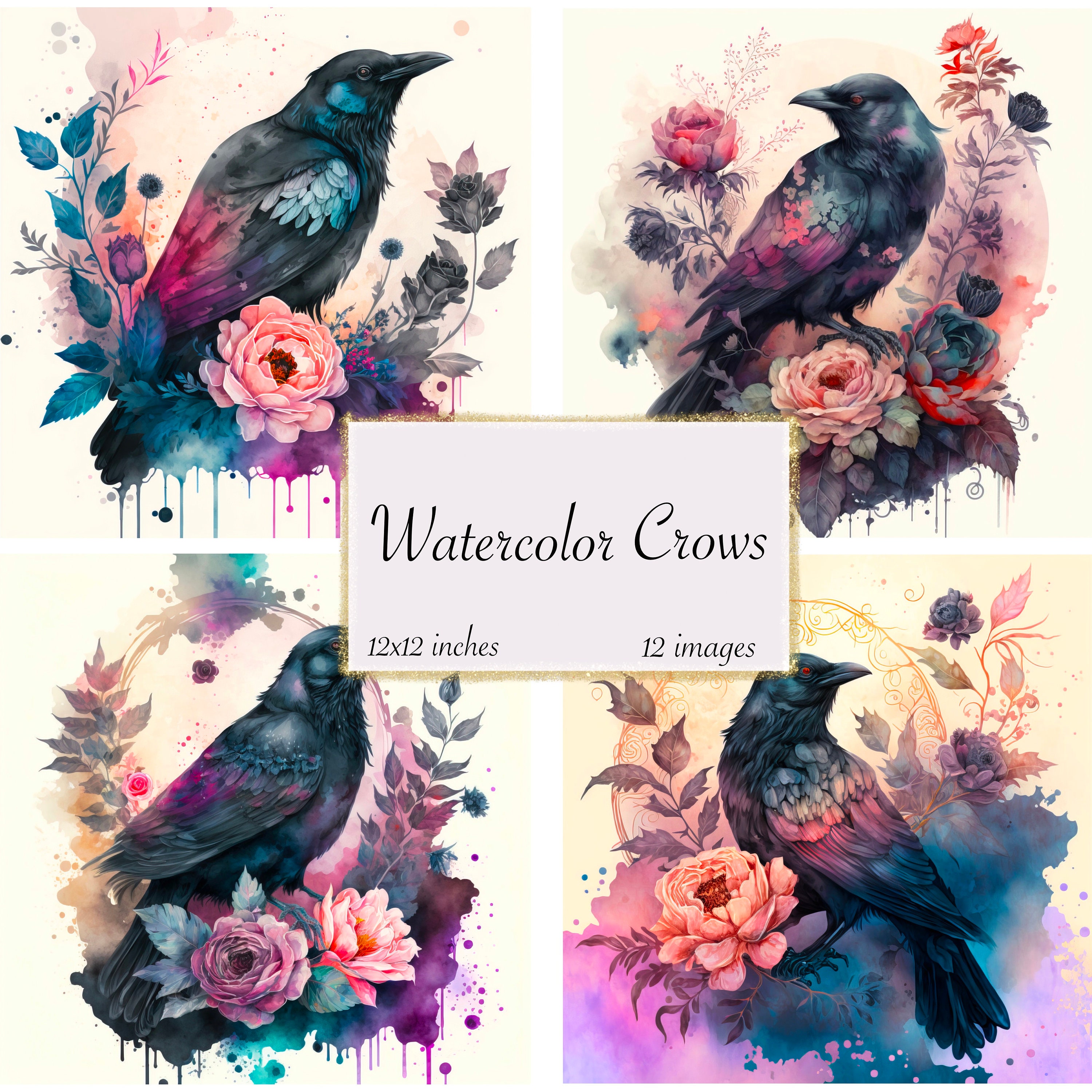 Watercolor Crows Journal Paper, Digital Paper, Rococo Watercolor Junk ...
