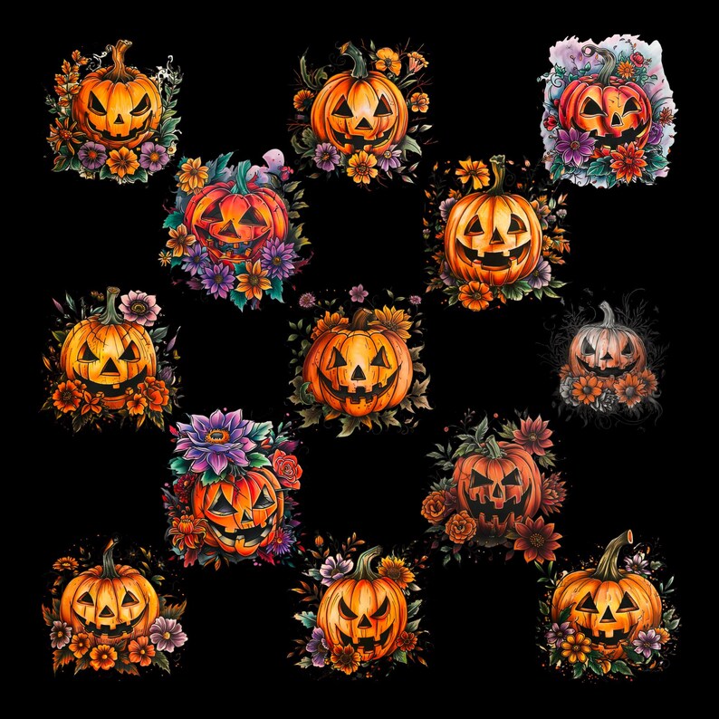 Halloween Pumpkins Clipart: Scary Faces, Autumn Blooms (PNG, Digital ...
