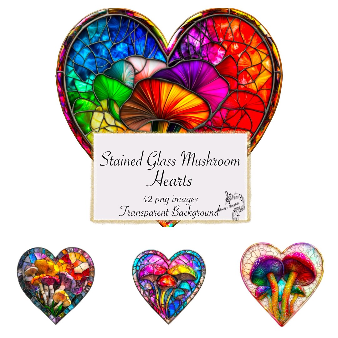 Stained Glass Mushroom Hearts Clipart, Colorful PNG Embellishments ...