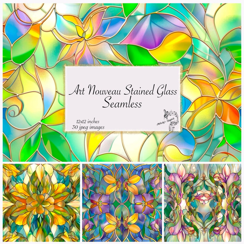 Art Nouveau Stained Glass Digital Paper, Seamless Printable Textures ...