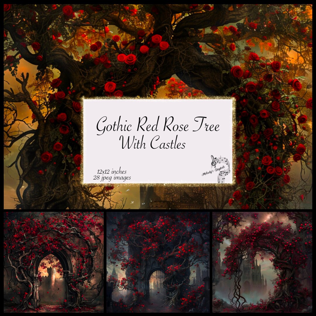 Gothic Red Rose Tree Digital Paper, Gothic Castles Journal Paper ...