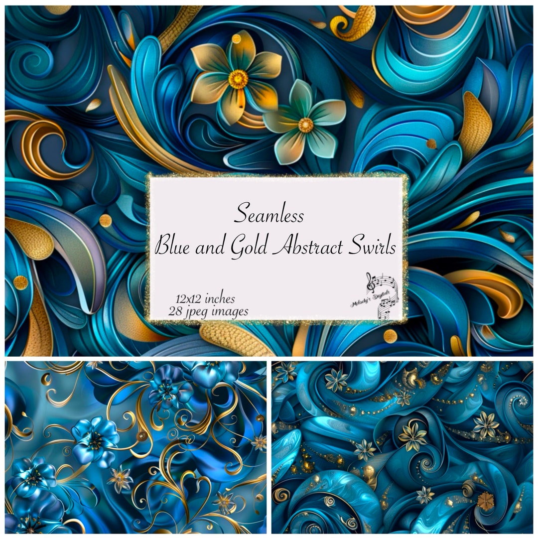 Blue and Gold Abstract Swirls Digital Paper, Seamless Gold and Blue ...