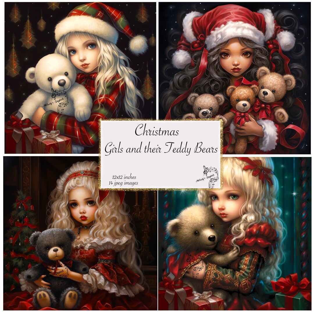Teddy Bears Digital Paper, Christmas Paper Girls With Teddy Bears ...