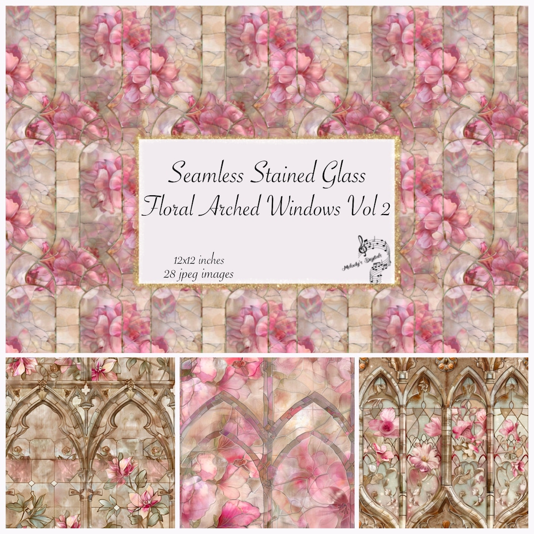 Floral Arched Windows Digital Paper, Cathedral Windows in Soft Pinks ...