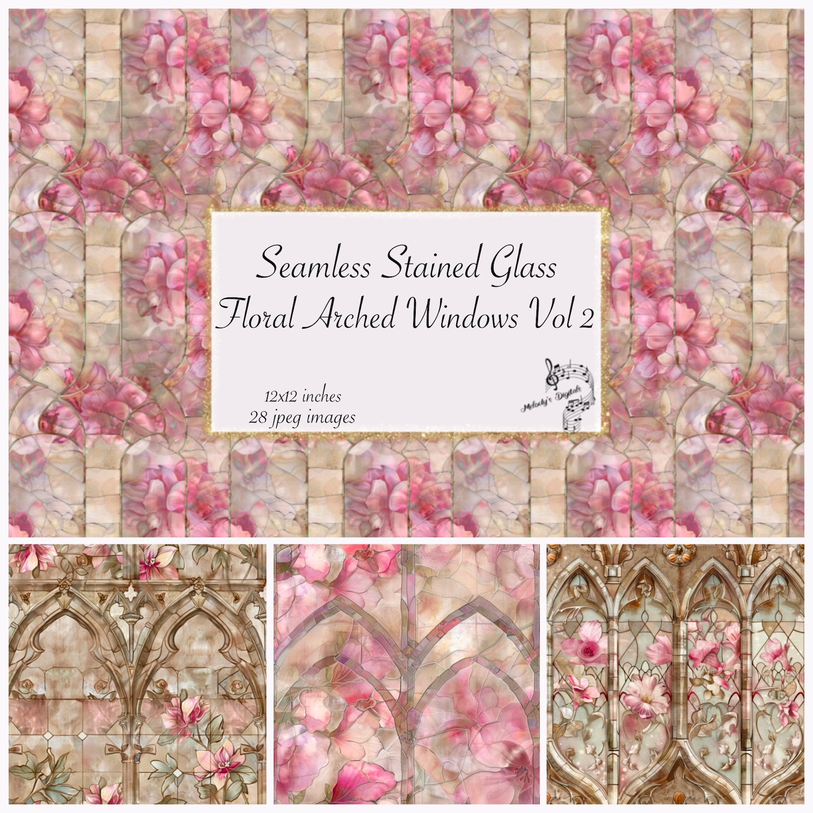 Floral Arched Windows Digital Paper, Stained Glass Scrapbooking Kit ...