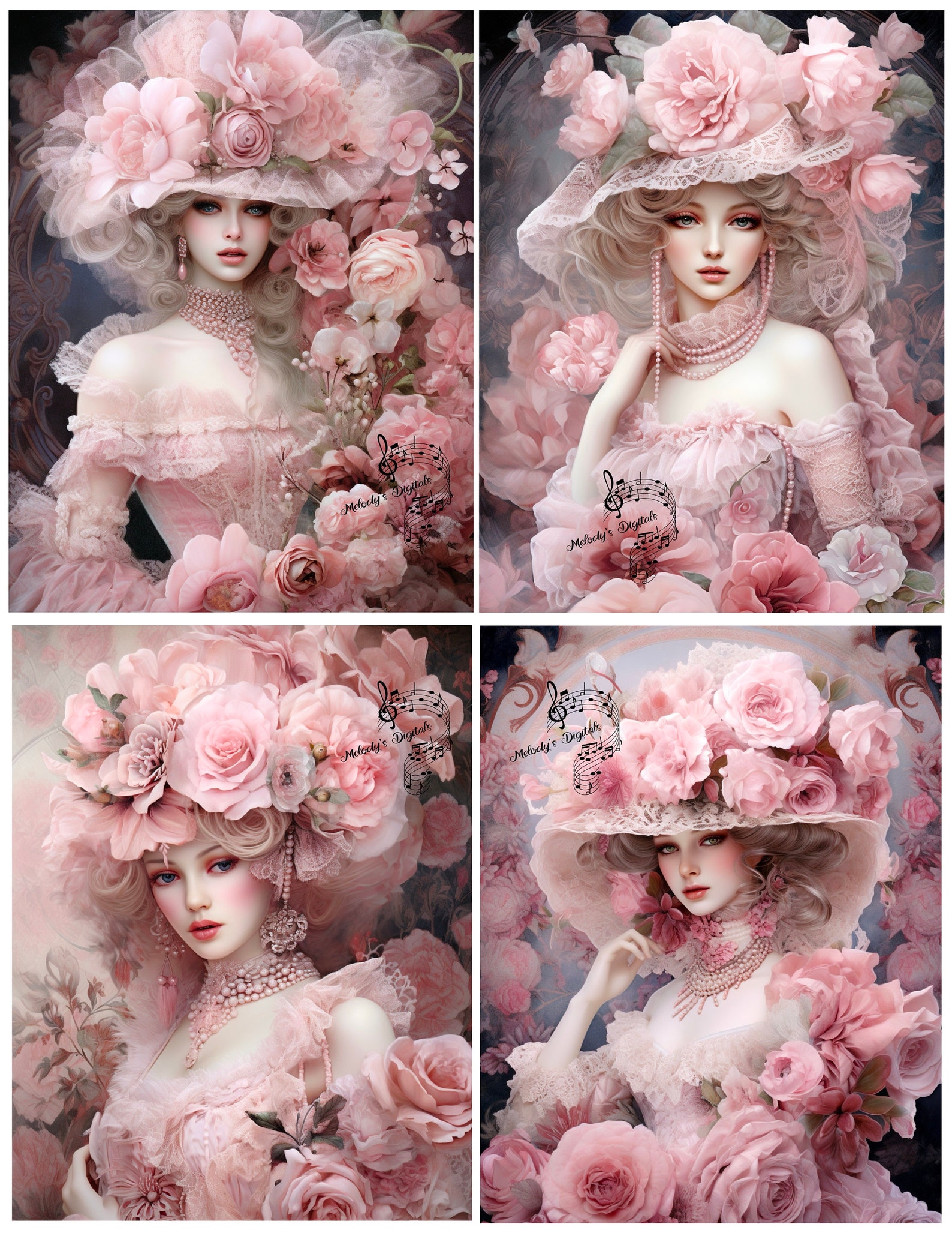 Vintage Women in Big Pink Hats Rococo Journal Paper Rococo Prints ...