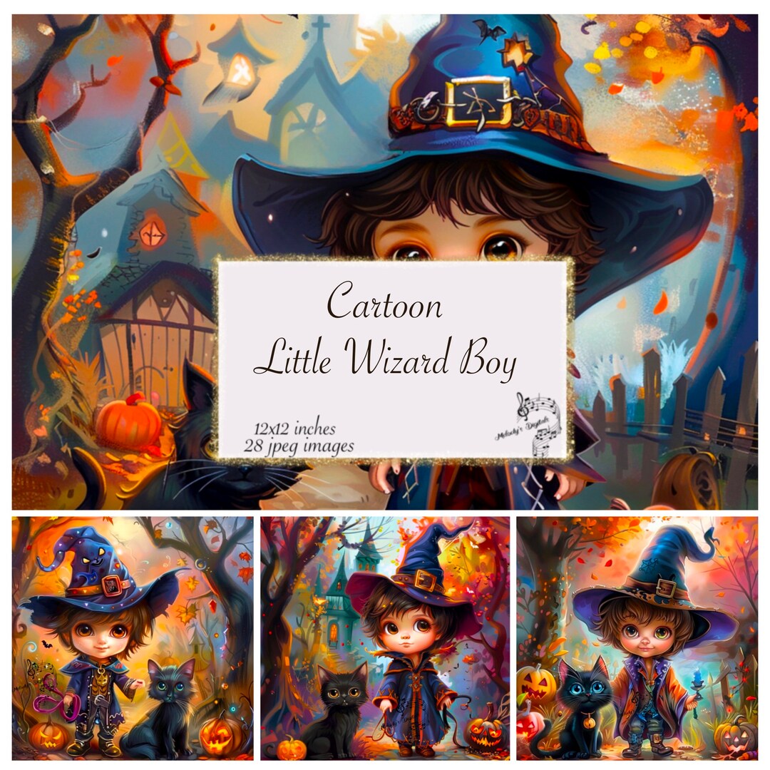 Cartoon Cute Little Wizard Boy Digital Paper, Halloween Digital Paper ...