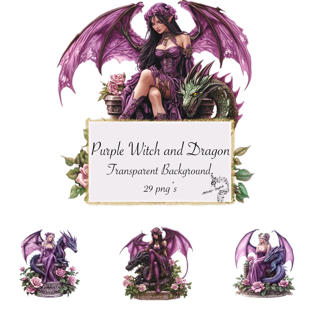 Watercolor Purple Witch and Dragon Clipart Printable Transparent ...