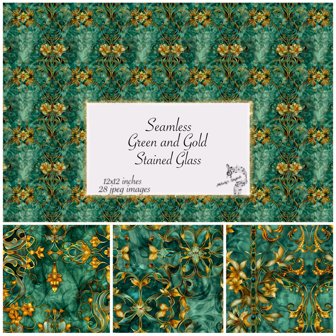Green and Gold Stained Glass Digital Paper, Seamless Printable Texture ...