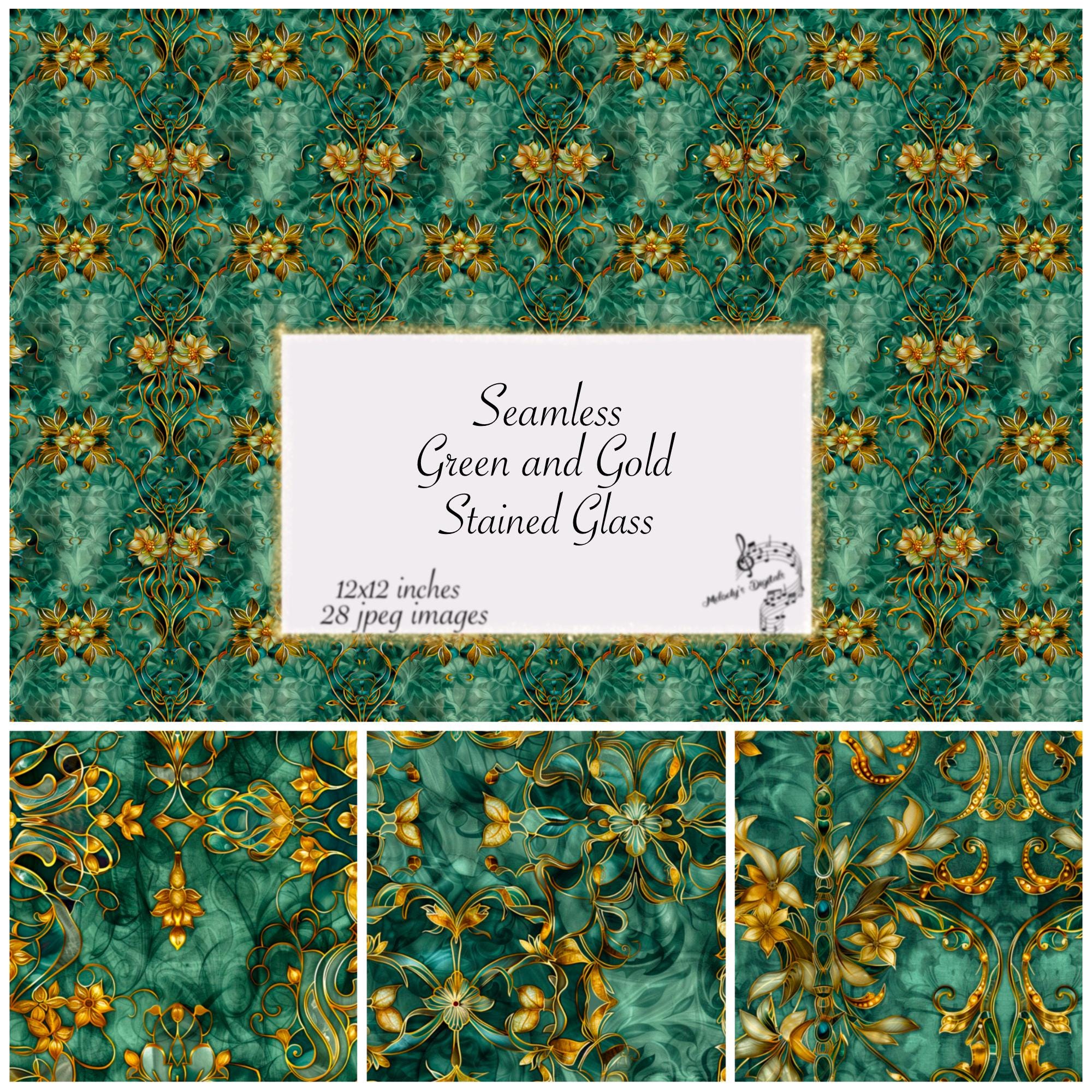 Green and Gold Stained Glass Digital Paper, Seamless Printable Texture ...