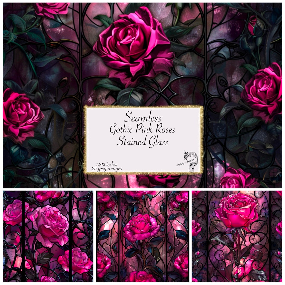 Gothic Roses Stained Glass Digital Paper, Gothic Pink Roses Journal ...
