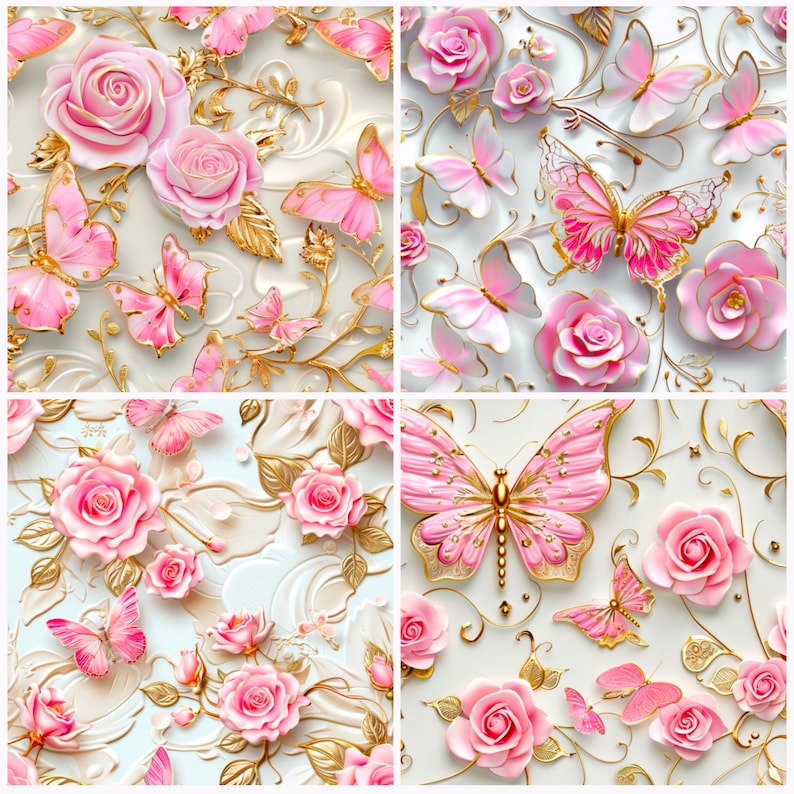 Pink Butterflies Digital Paper Pack, Pink Roses Journal Paper, Seamless ...