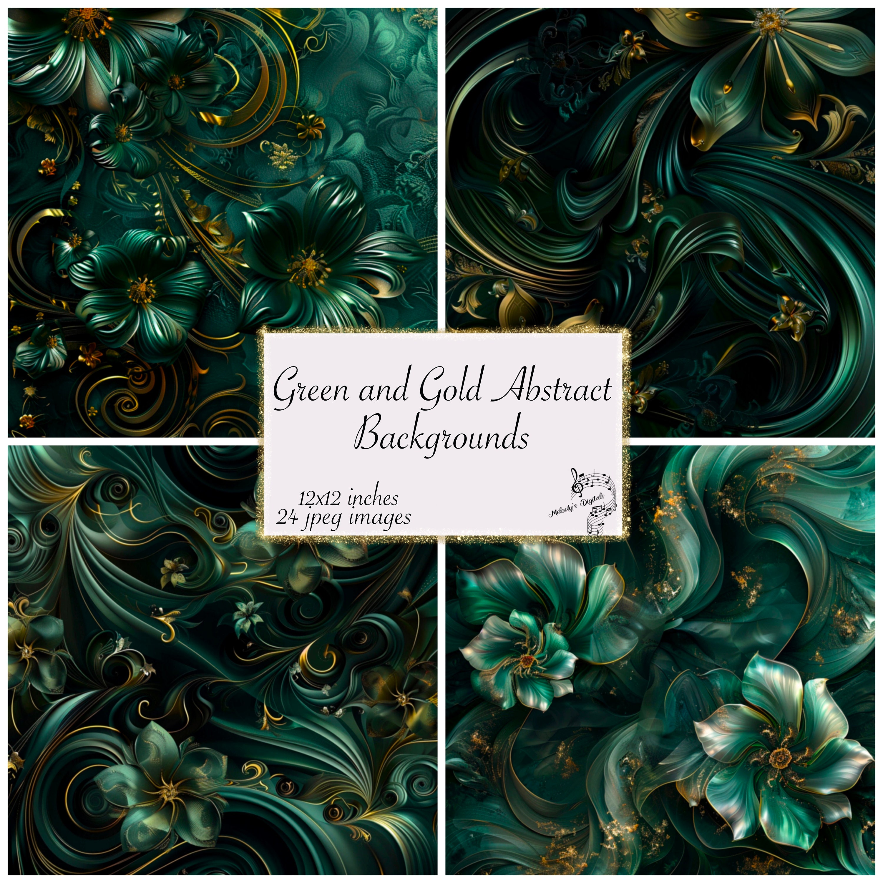 Green and Gold Rococo Digital Paper, Rococo Digital Paper, Gold Foil ...