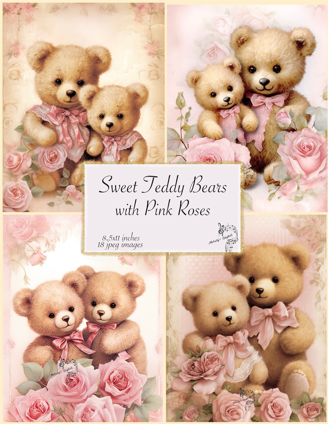 Sweetheart Teddy Bears With Pink Roses Digital Journal Paper, 12x12 ...