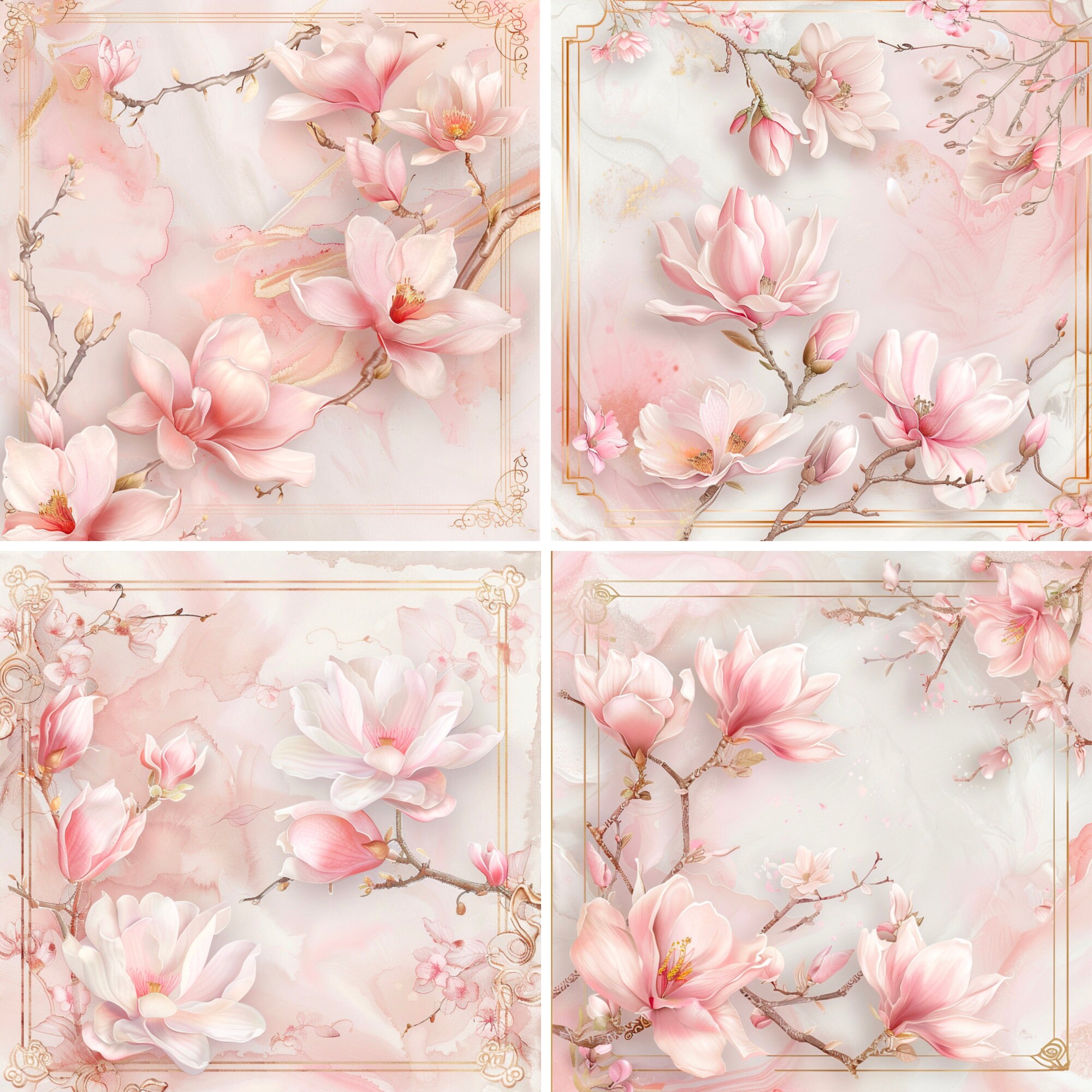 Watercolor Pink Flowers With Gold Borders Rococo Art Deco Boho Designs ...