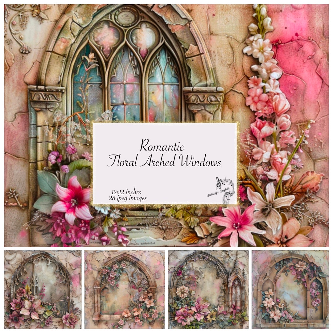 Romantic Floral Arched Windows Digital Paper, Cathedral Windows in Soft ...