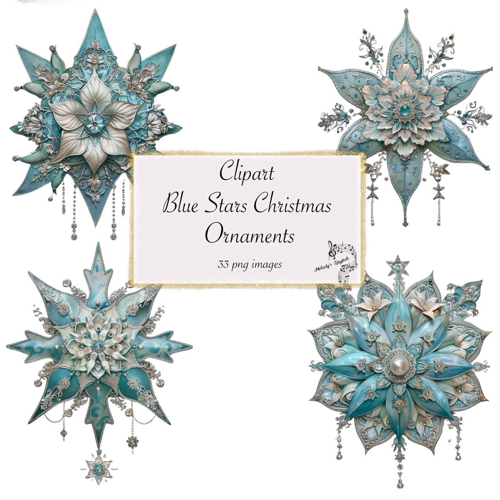 Blue Stars Christmas Ornaments Clipart, Digital Glitter Christmas Star ...