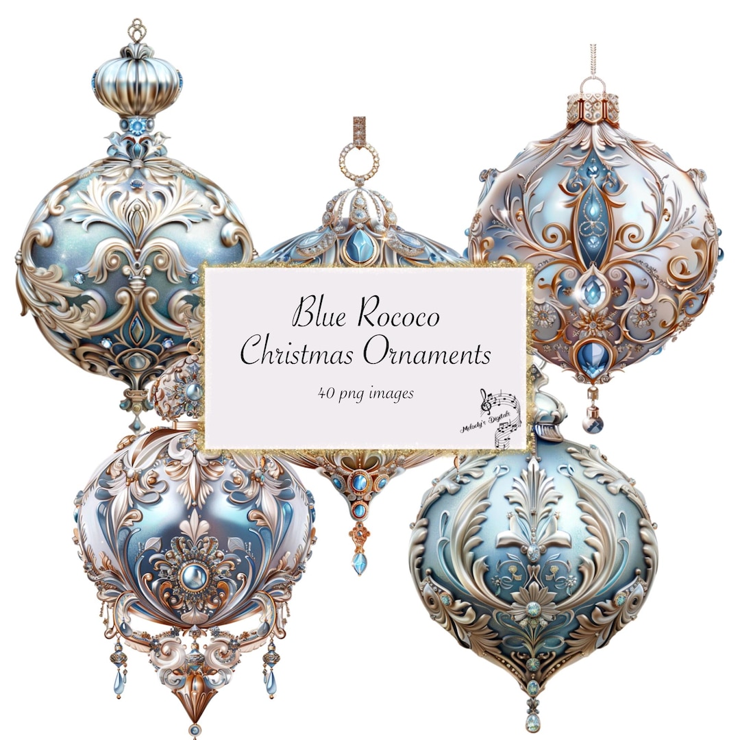 Blue Rococo Christmas Ornaments Clipart, Watercolor Style (PNG Digital ...
