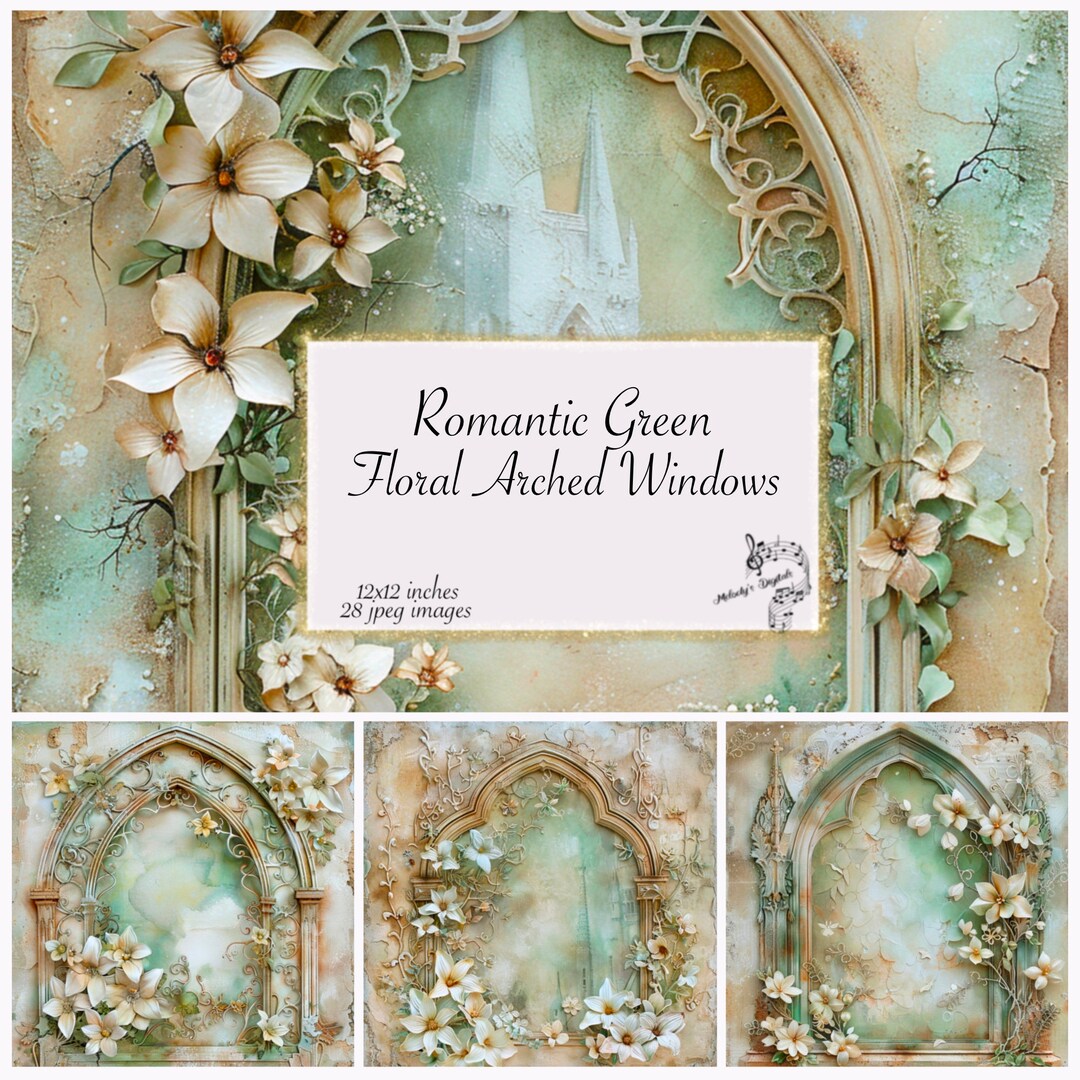 Romantic Green Floral Arched Windows Digital Paper, Cathedral Windows ...
