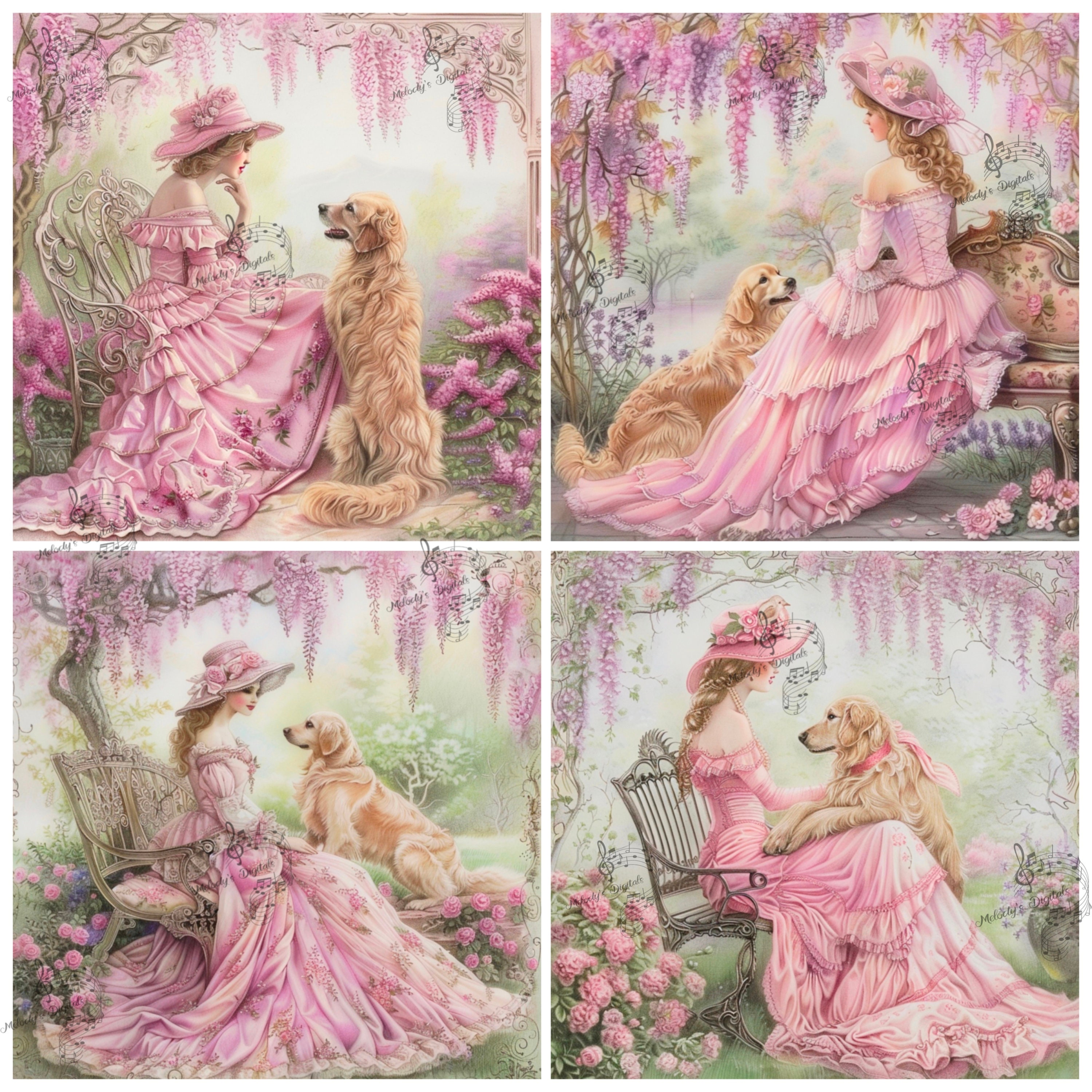 Beautiful Women With Cute Dogs Digital Paper, Lady and Her Golden ...