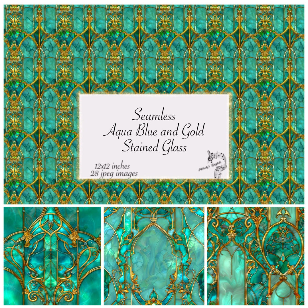 Aqua Blue and Gold Stained Glass Digital Paper, Seamless Printable ...