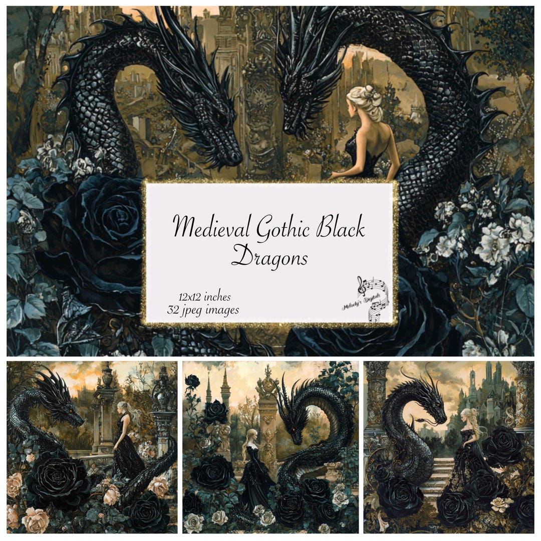 Medieval Gothic Black Dragons Digital Paper, Dragon Grimoire Scrapbook ...
