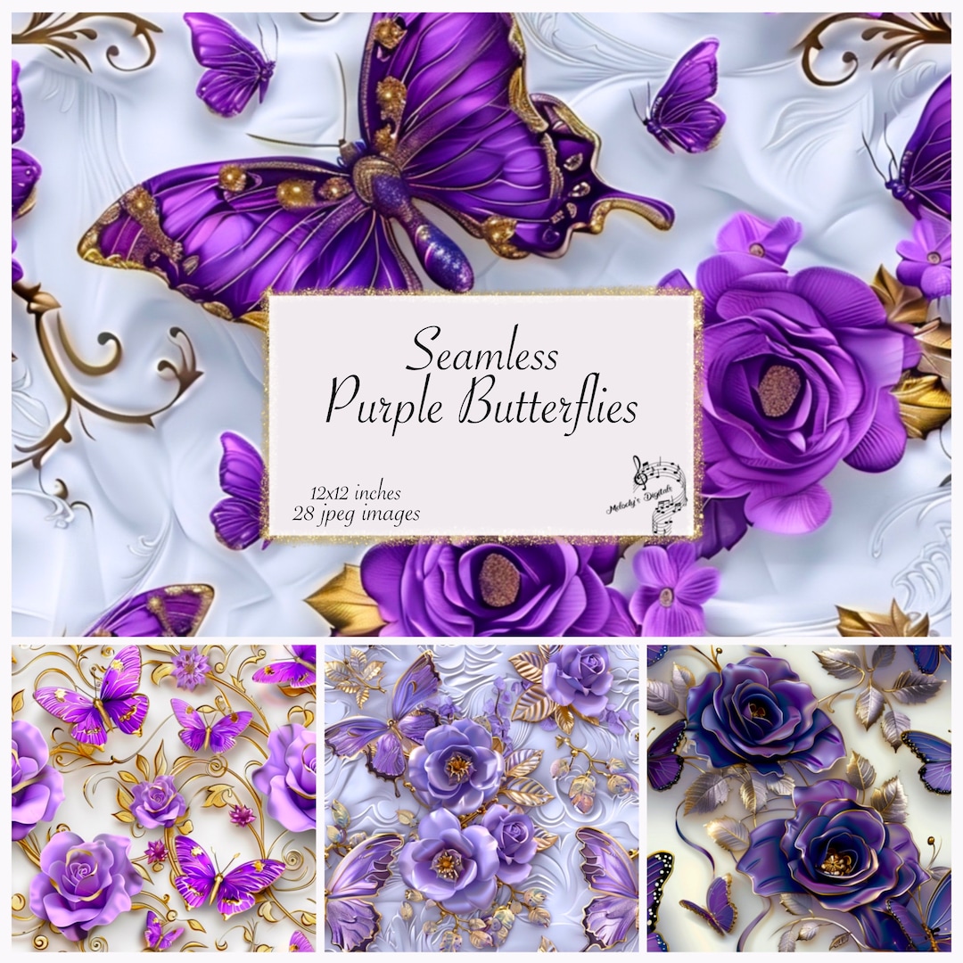 Purple Butterflies Digital Paper, Purple Roses Journal Paper, Seamless ...