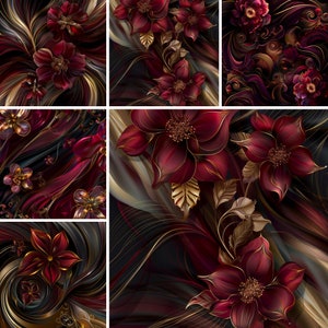 Burgundy and Gold Abstract Digital Paper, Rococo Digital Paper, Gold ...
