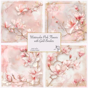 Watercolor Pink Flowers With Gold Borders Rococo Art Deco Boho Designs ...