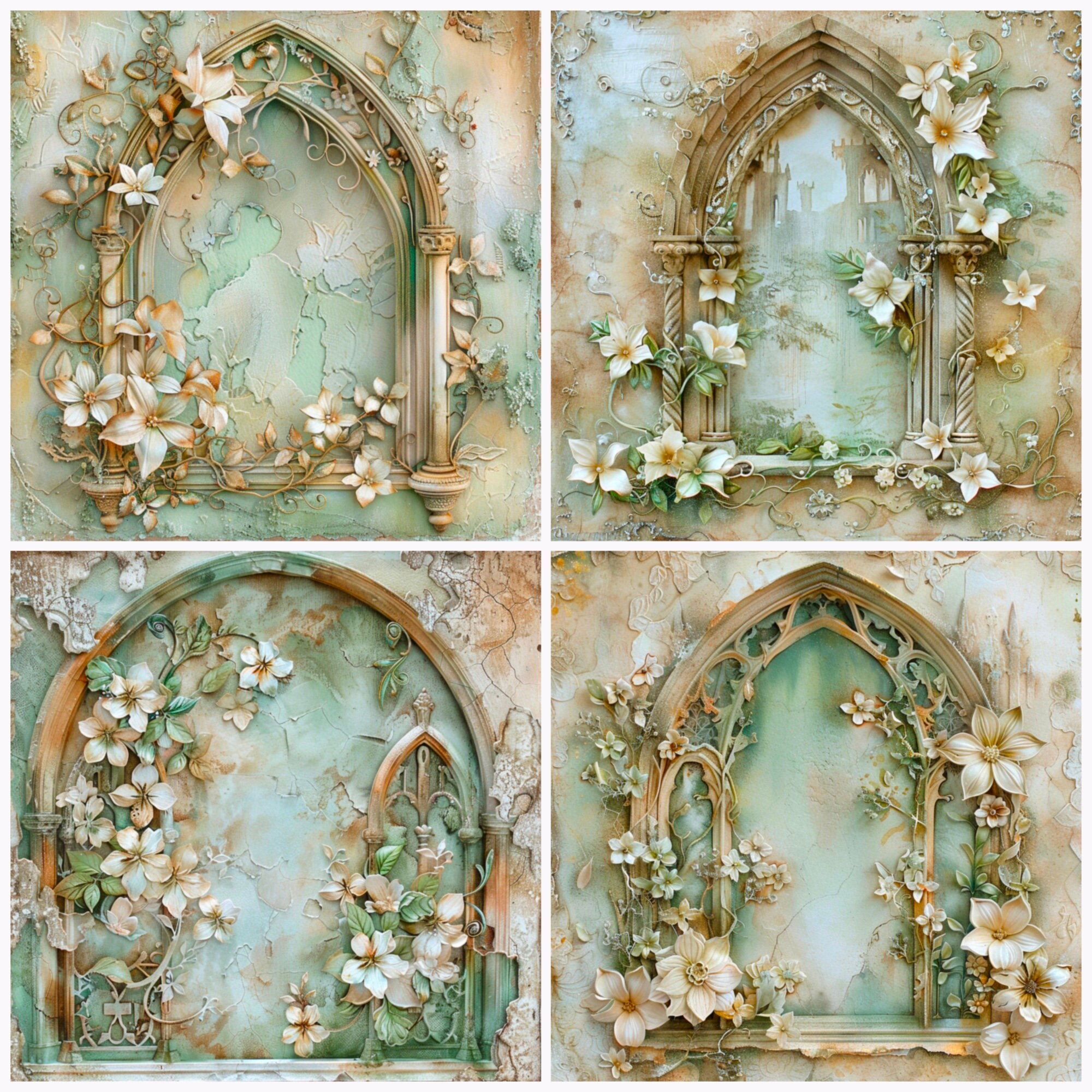 Romantic Green Floral Arched Windows Digital Paper, Cathedral Windows ...