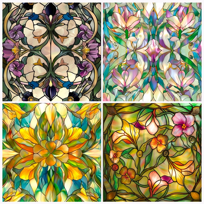 Art Nouveau Stained Glass Digital Paper, Seamless Printable Textures ...