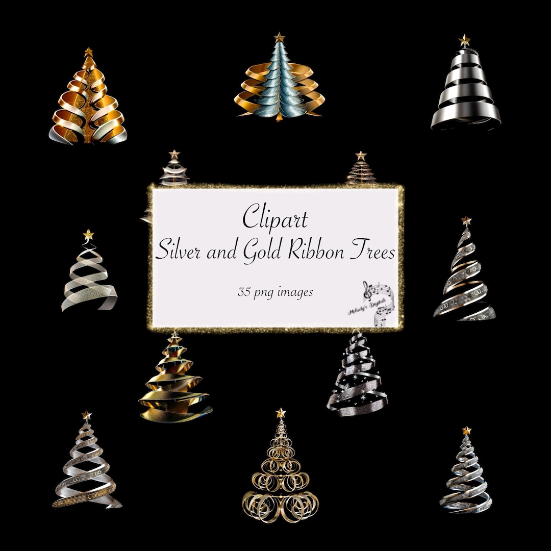 Silver and Gold Ribbon Christmas Tree Clipart in PNG Format, Pink ...