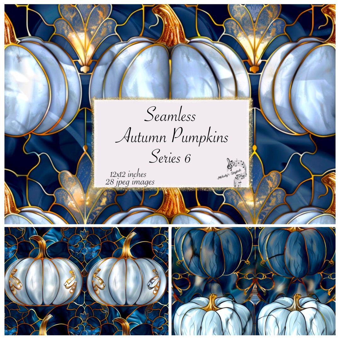 Autumn Pumpkins Series 6 Digital Paper, Pearl White and Blue Digital ...
