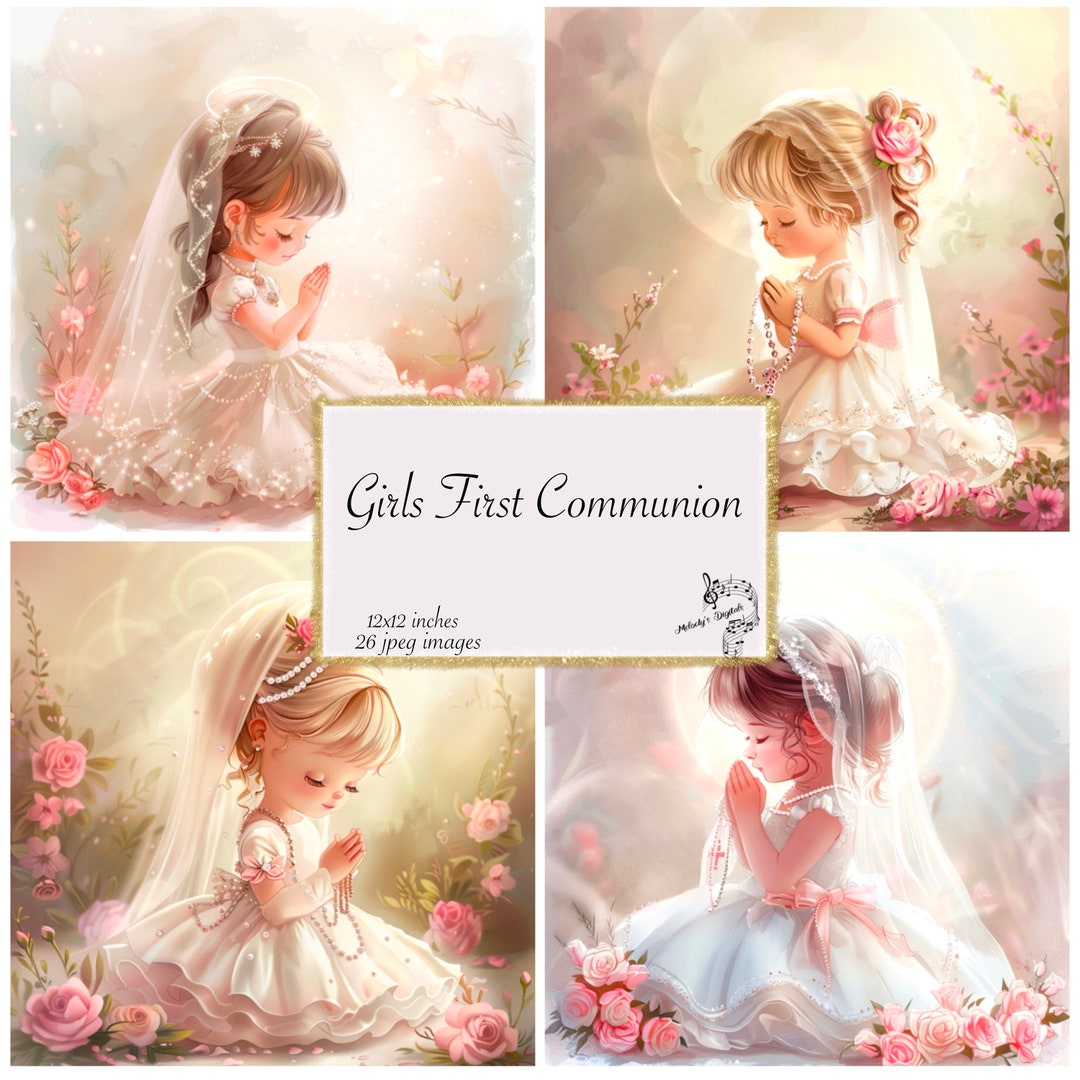 First Communion Digital Paper, Girls First Communion Pattern, Religious ...