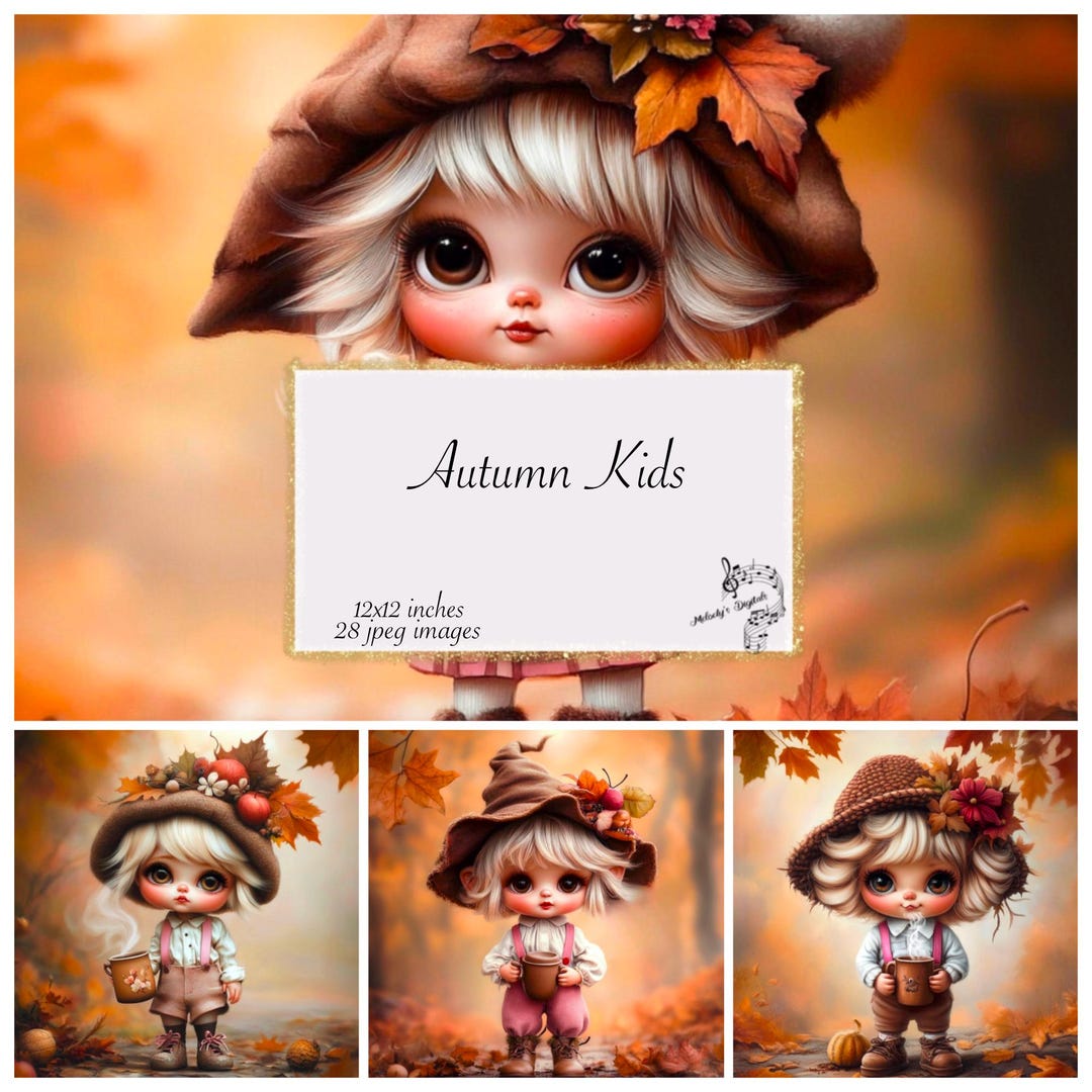 Autumn Kids Digital Paper, Little Girls of Autumn Junk Journal Pages ...