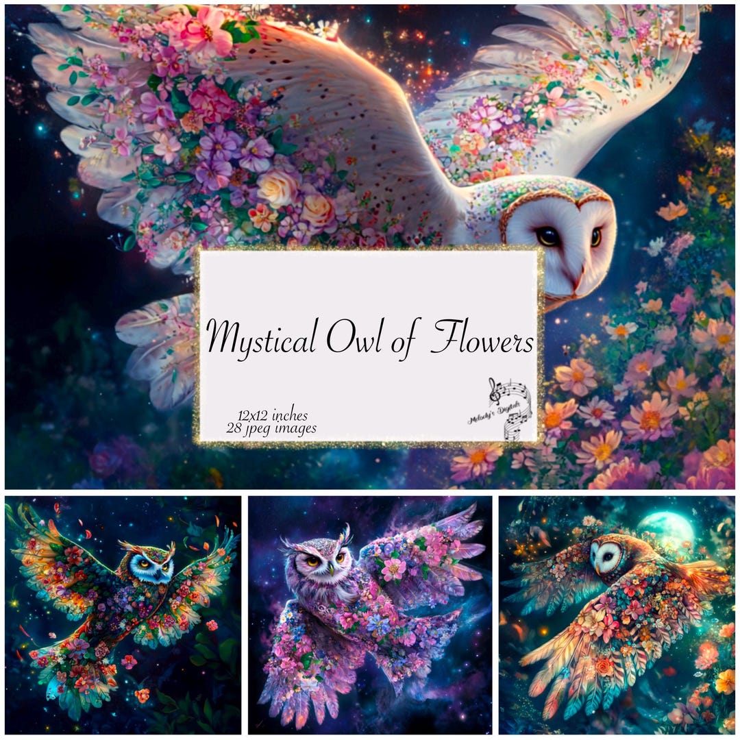 Mystical Owls Digital Paper, Beautiful Ethereal Owl Backgrounds, Mystical Owl of Flowers Digital ...