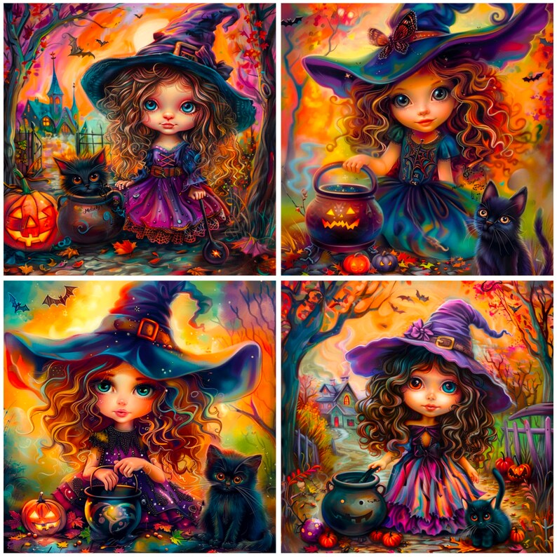 Cartoon Cute Witches Digital Paper, Witches Halloween Digital Paper ...