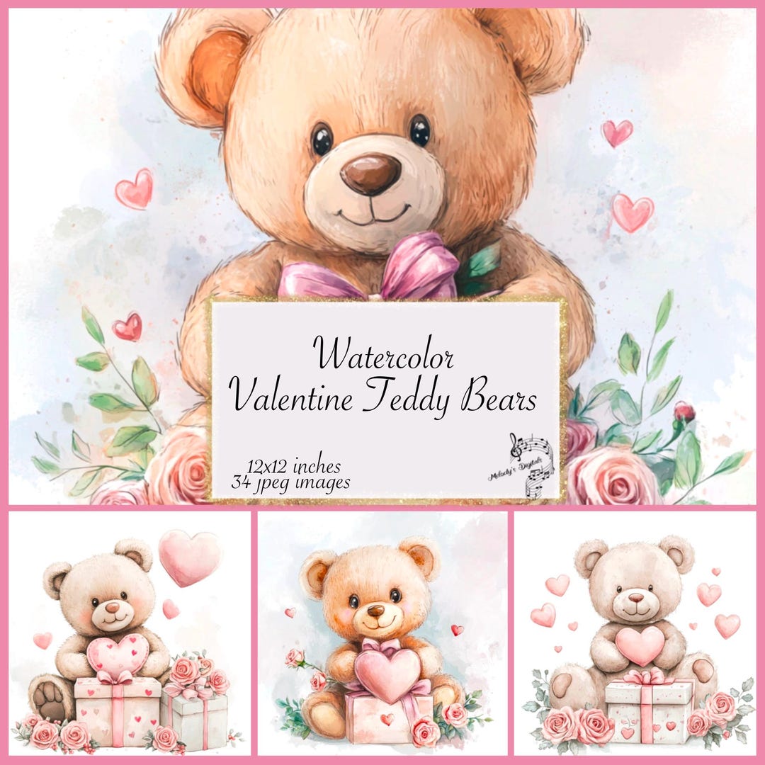 Watercolor Valentine Teddy Bears Digital Paper Soft Pastel Colors for ...