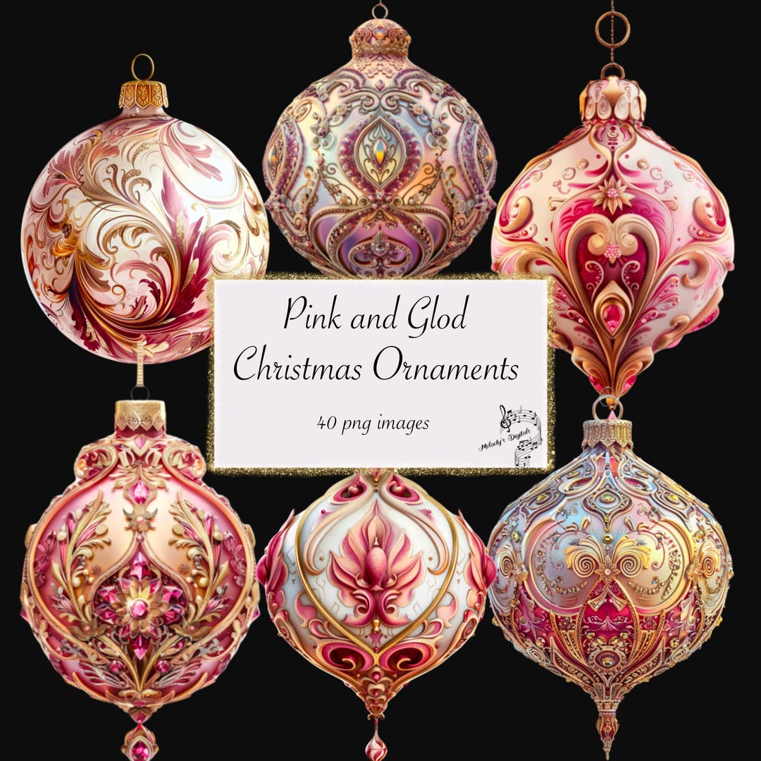 Watercolor Pink & Gold Rococo Christmas Ornaments Clipart (digital ...