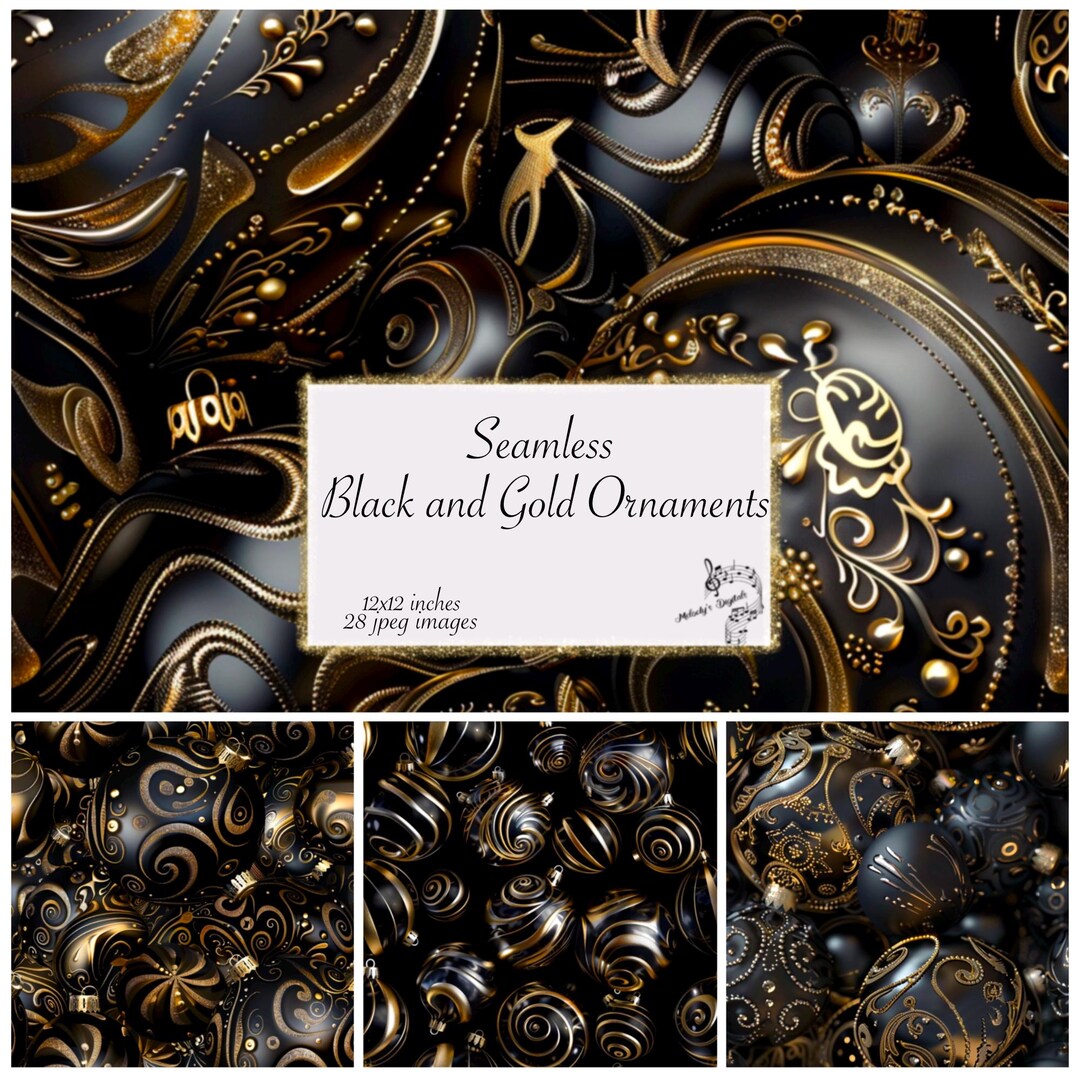Black and Gold Digital Paper, Digital Glitter Christmas Ball Ornament ...