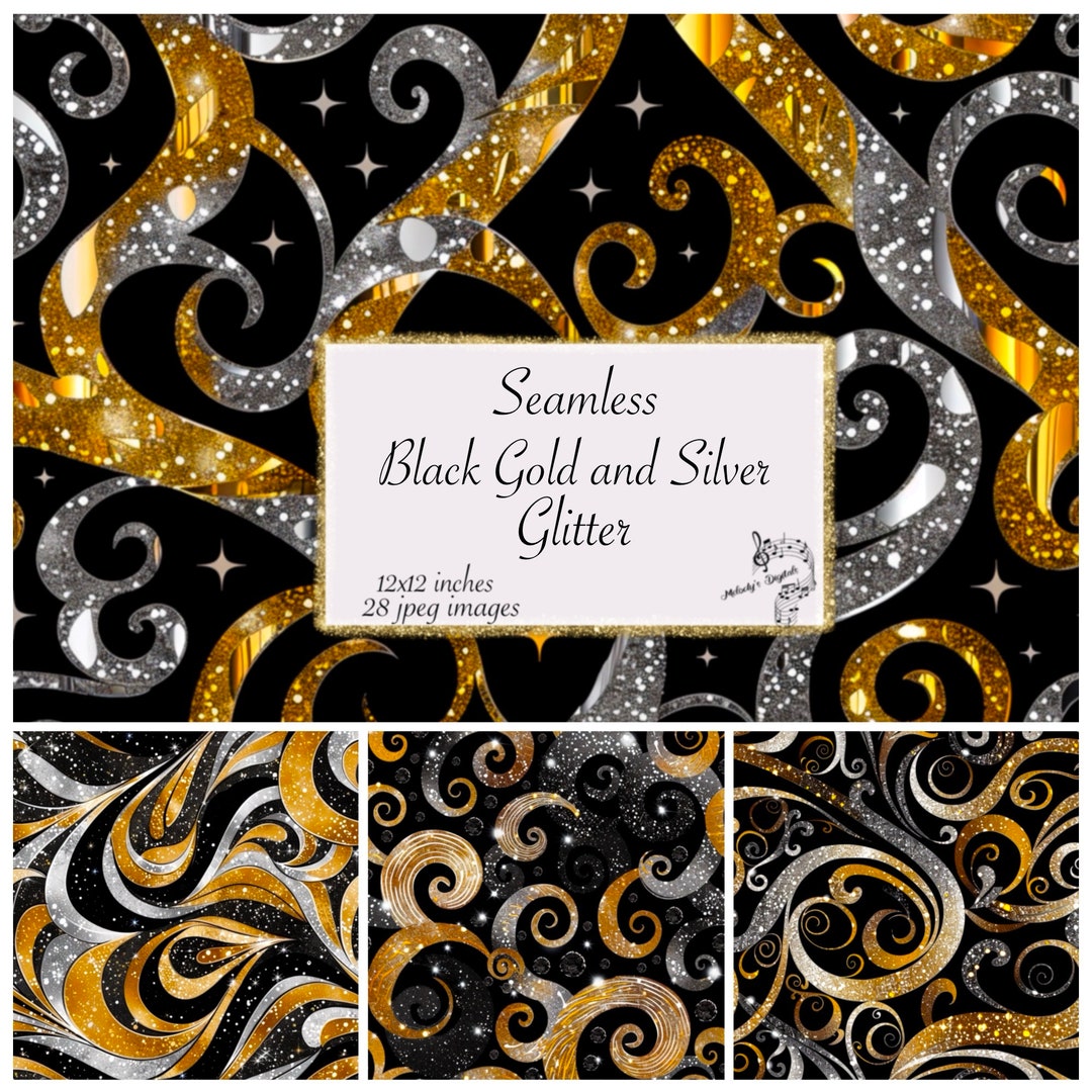 Black Gold and Silver Glitter Digital Paper, Seamless Geometric Gold ...