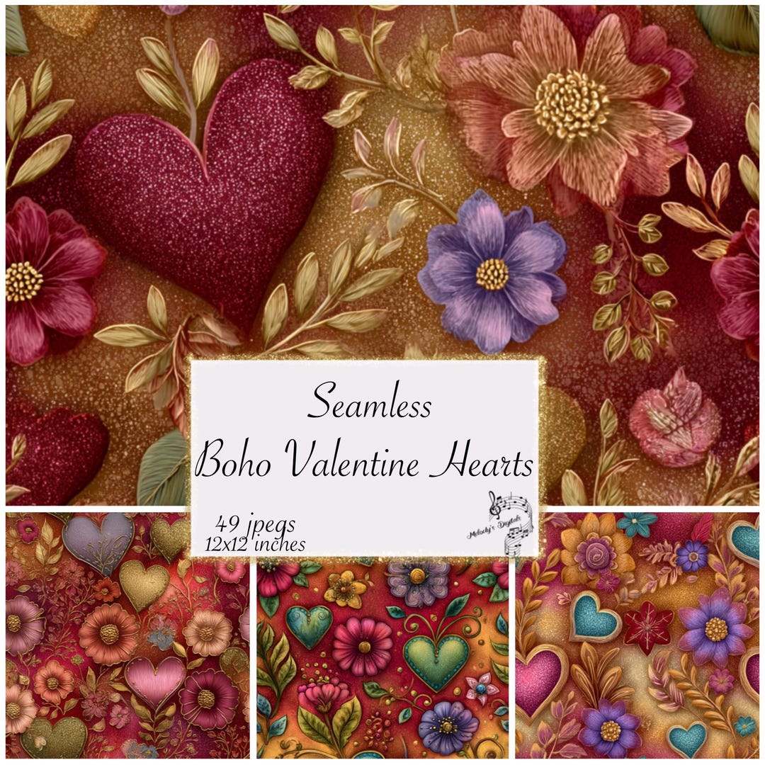Seamless Boho Valentine Hearts Glitter Digital Paper, Sparkle ...