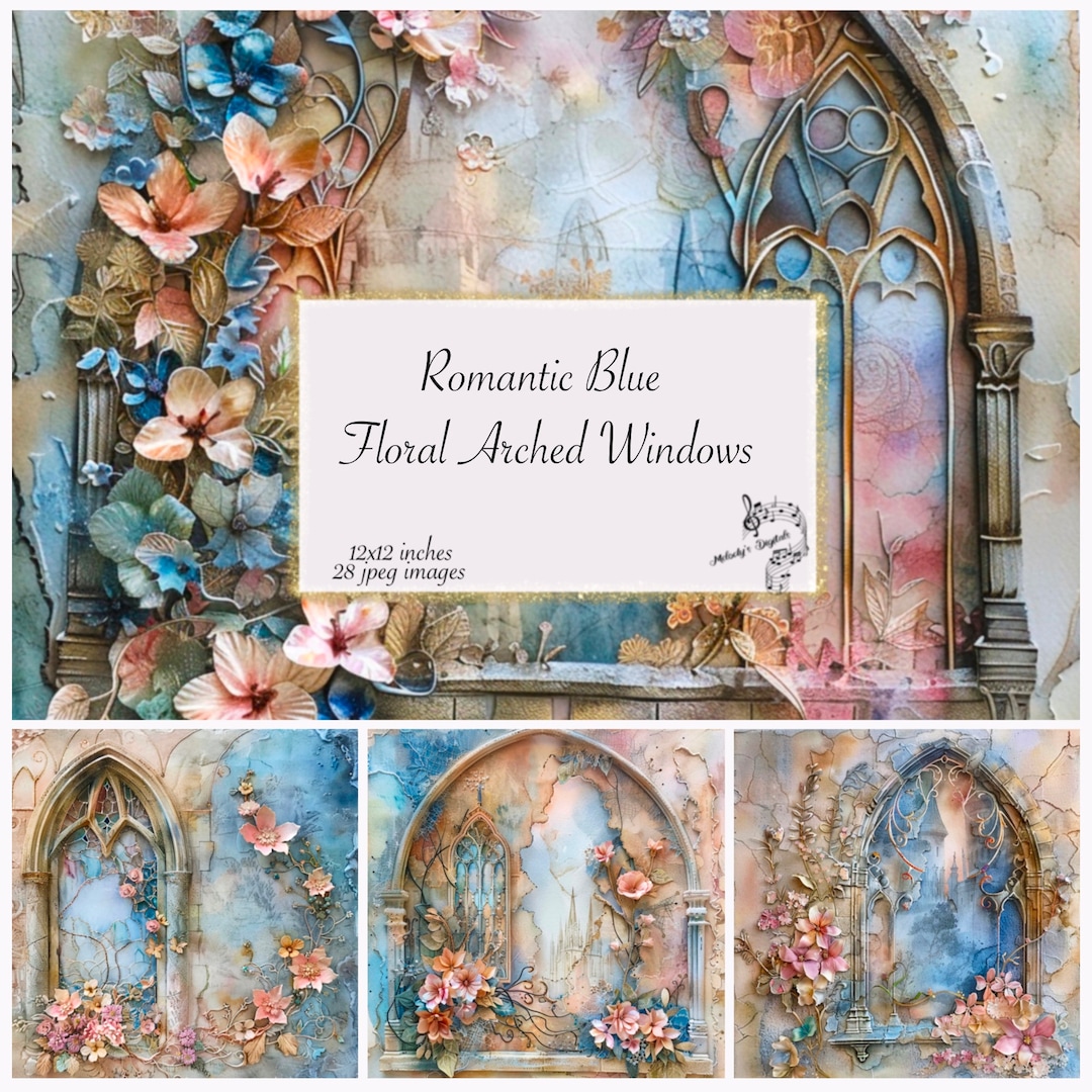 Romantic Blue Floral Arched Windows Digital Paper, Cathedral Windows ...