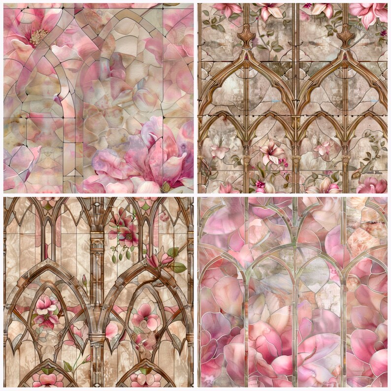 Floral Arched Windows Digital Paper, Cathedral Windows in Soft Pinks ...