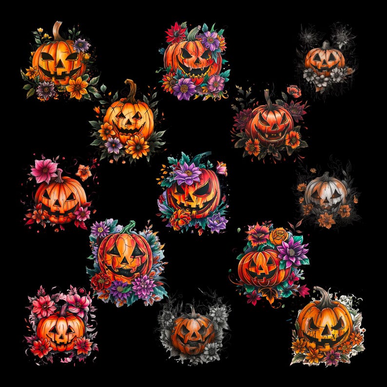 Halloween Pumpkins Clipart: Scary Faces, Autumn Blooms (PNG, Digital ...
