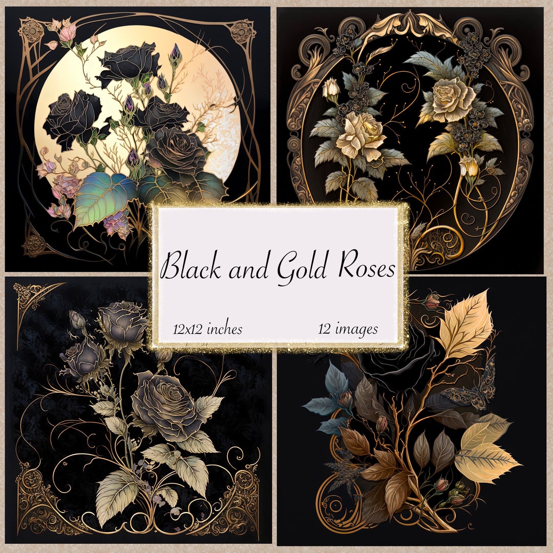 Black and Gold Roses Journal Paper, Digital Paper, Rococo Paper Junk ...